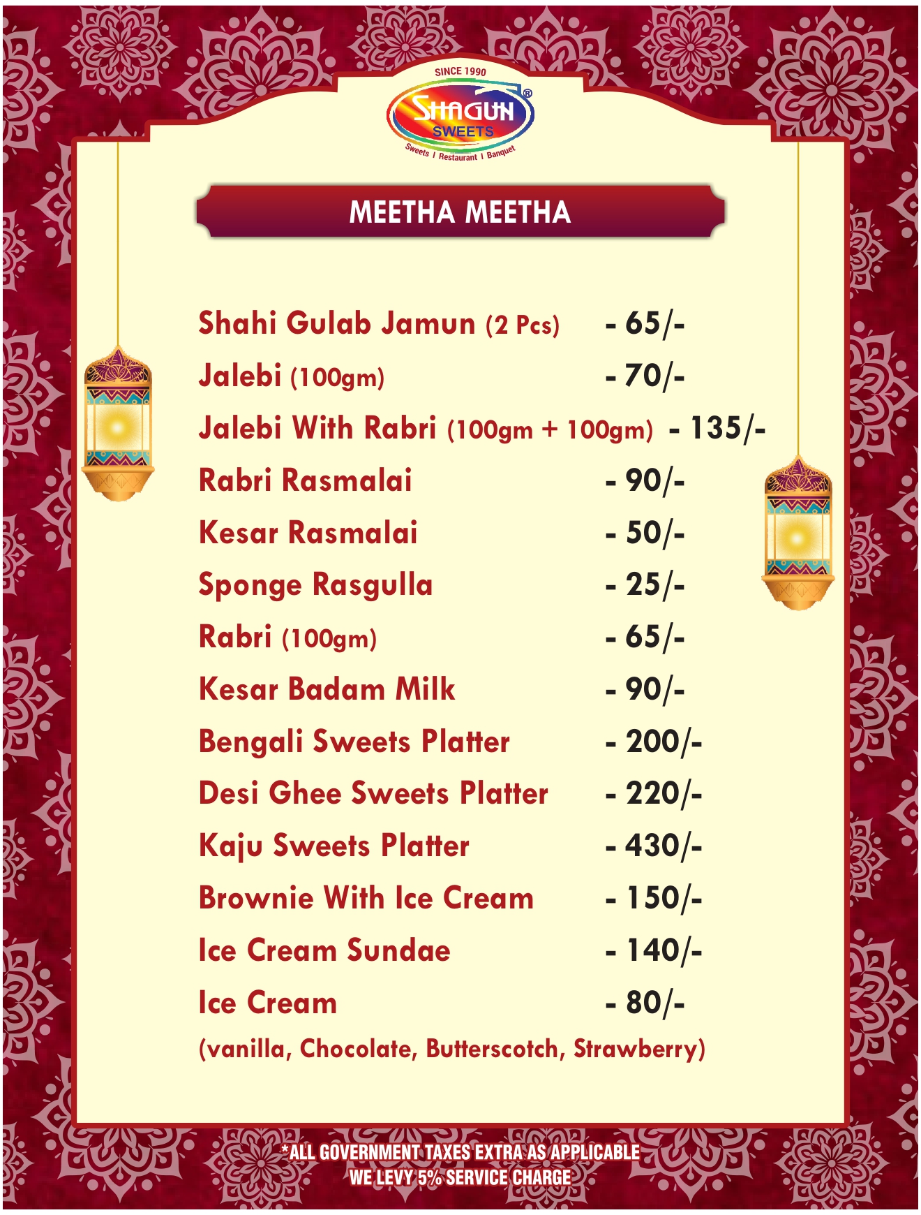 Menu – Shagun Sweets
